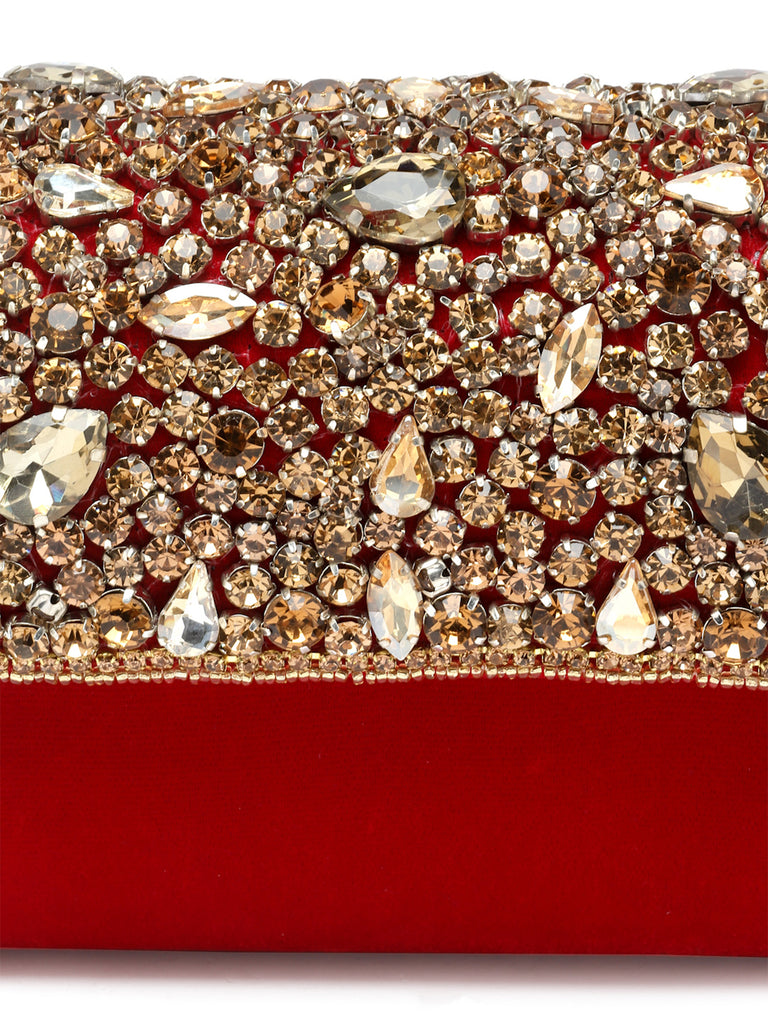 Anekaant Coffer Red & Gold Stone Work Embellished Velvet Purse Clutch