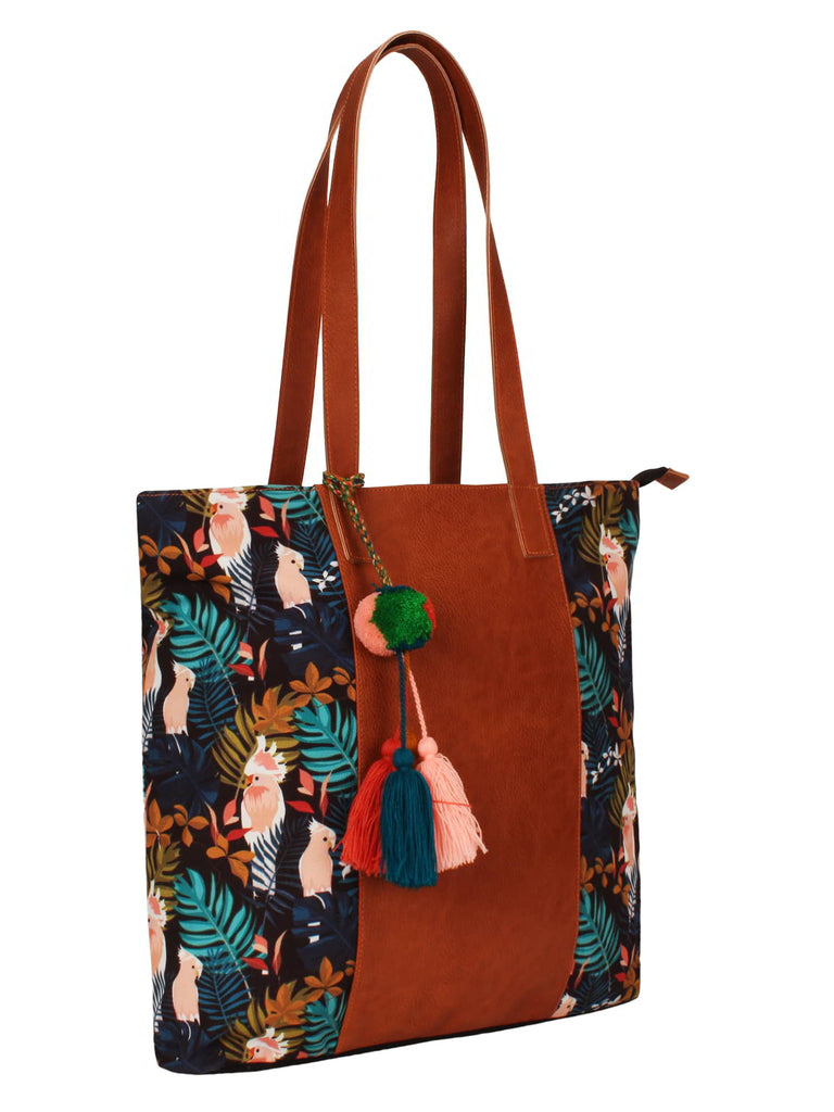 Anekaant Brown & Multi Modish Digital Printed Canvas & PU Tote Bag