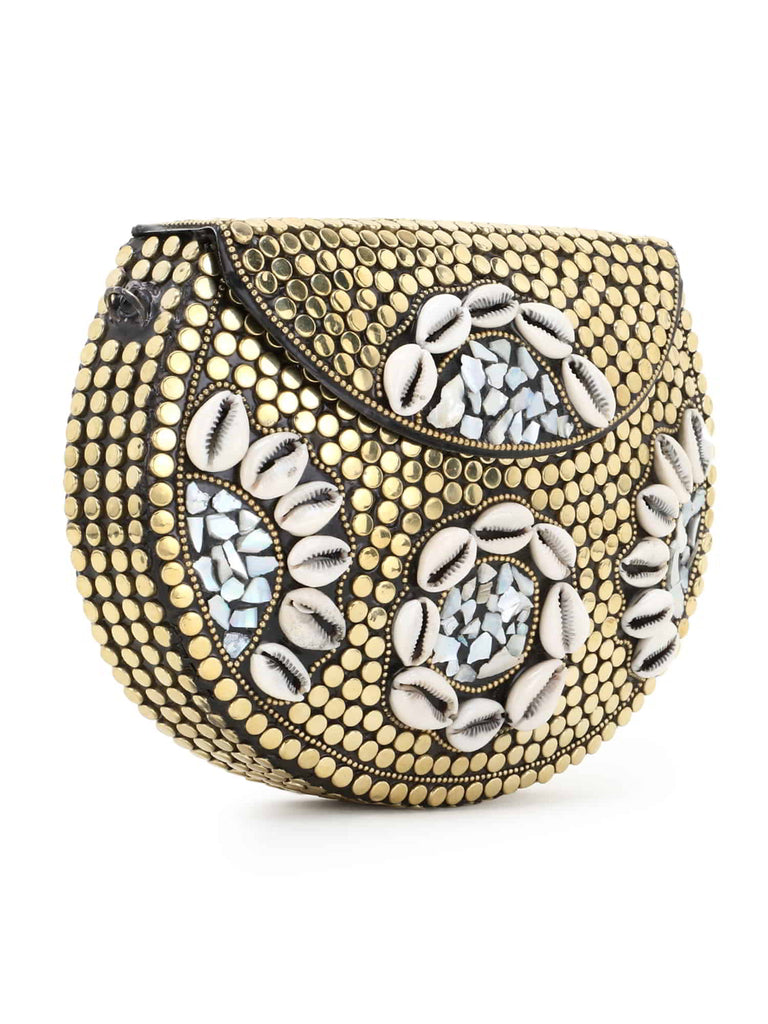 Anekaant Gold & White Mosaic Metal & Shells Embellished Clutch