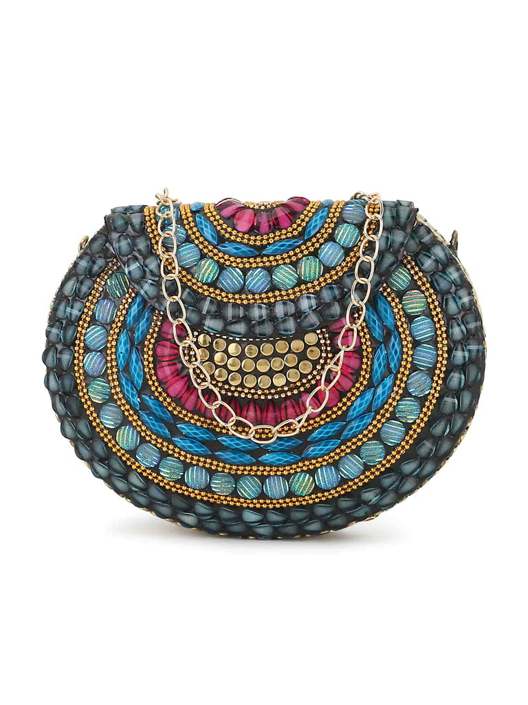 Anekaant Mosaic Turquoise Blue & Multi Embellished Metal Clutch