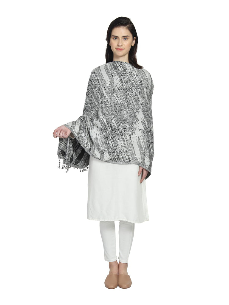 Anekaant Black & White Viscose Rayon Woven Design Abstract Reversible Shawl